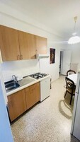 Um frigorífico, uma placa de cozinha, uma máquina de lavar louça 
