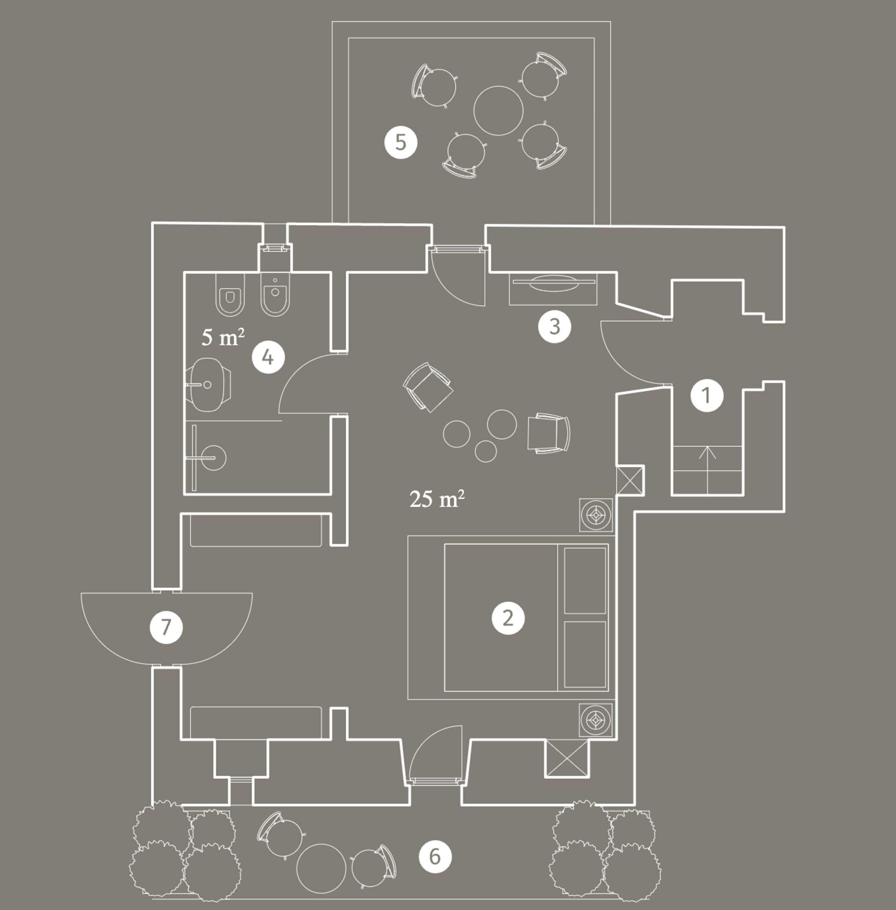 Planta baixa com sete divisões, incluindo uma área de estar com 25 m², uma cozinha de 5 m² e um banheiro de 5 m².