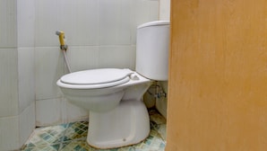 Sanitário em banheiro com piso de azulejos e porta de madeira.