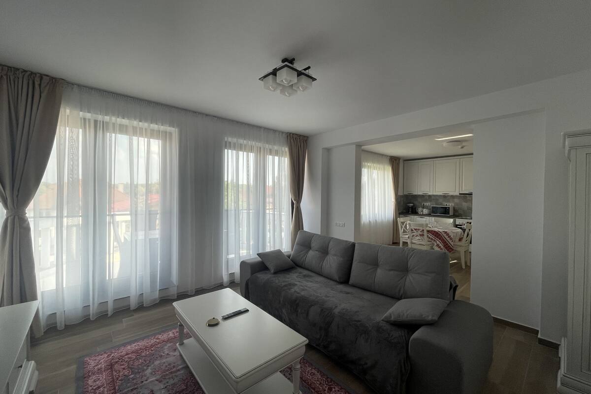 Uma sala de estar moderna com um sofá cinza, uma mesa de centro branca e um tapete vermelho estampado. Uma cozinha é visível ao fundo, com armários brancos e uma mesa de jantar.
