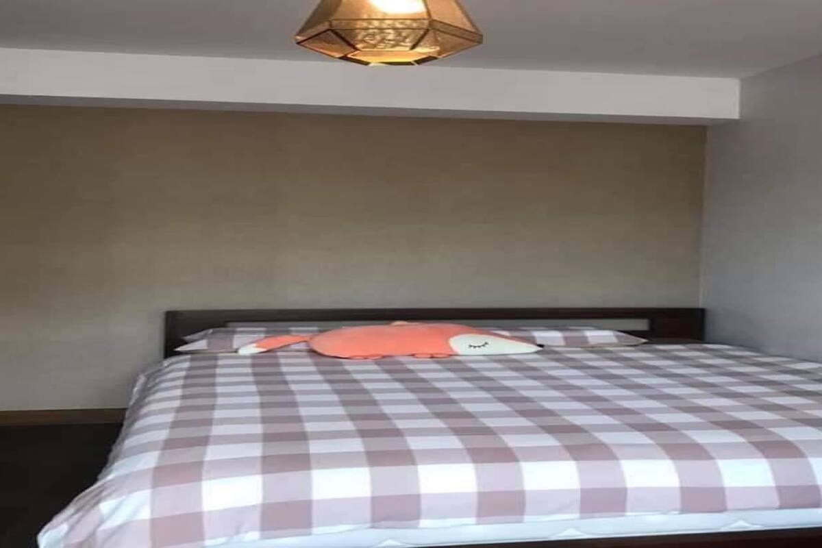 Quarto com colcha xadrez, um único travesseiro e luminária pendente.