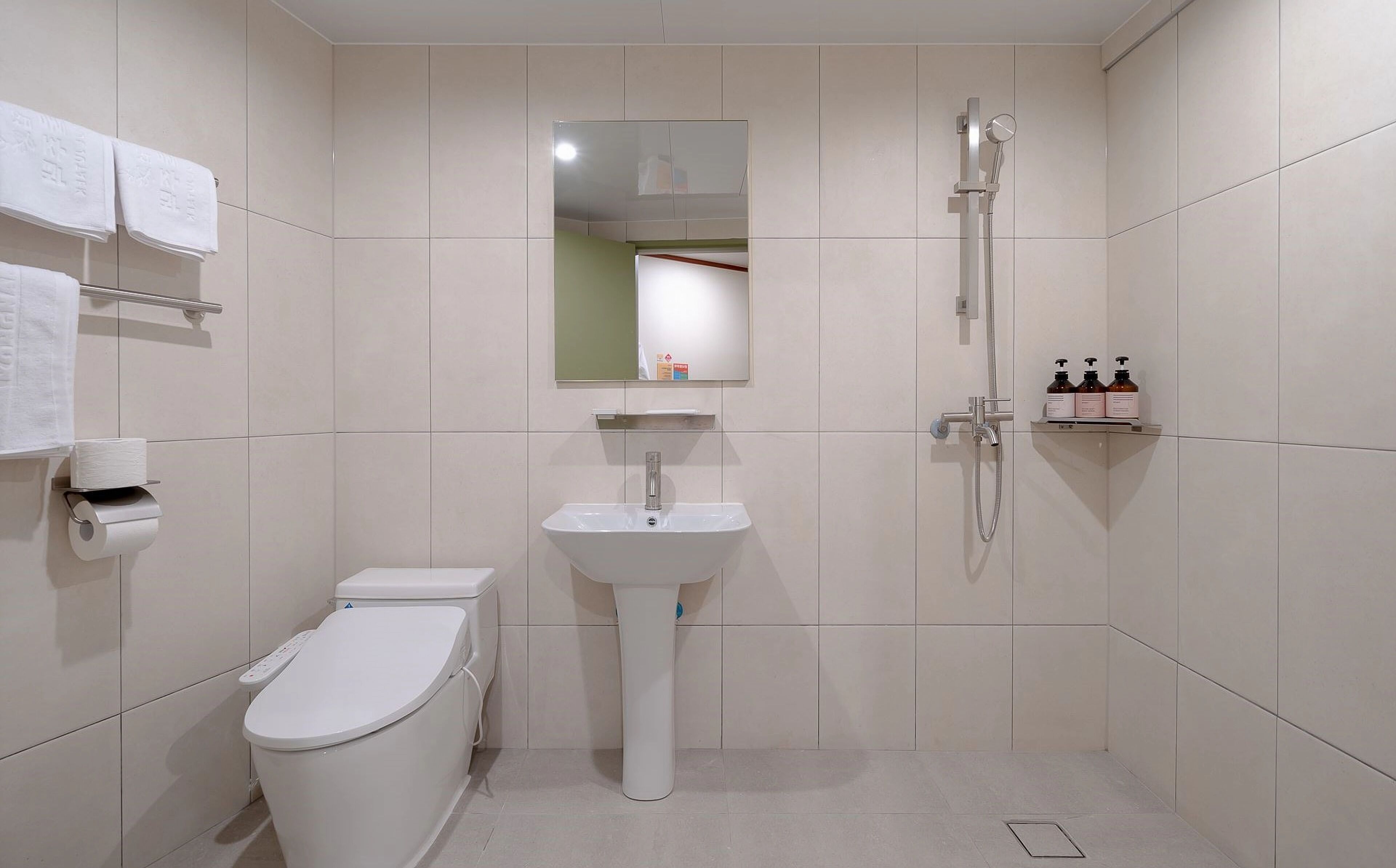 Um secador de cabelo, chinelos, um bidé, toalhas fornecidas 