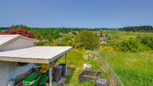 Paisagem rural com uma casa, um trator verde e diversos objetos ao ar livre.