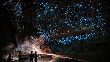 Duas pessoas caminhando por uma caverna com luzes azuis bioluminescentes.