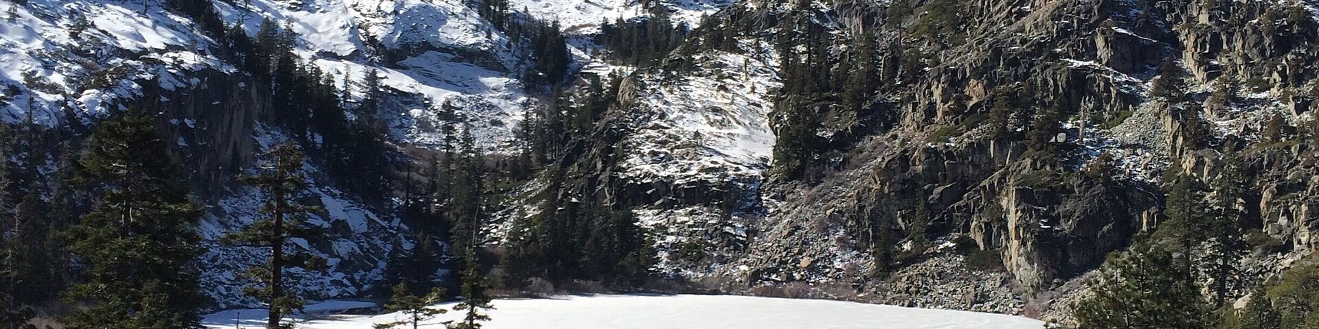Paisagem montanhosa coberta de neve, com geleira e árvores.