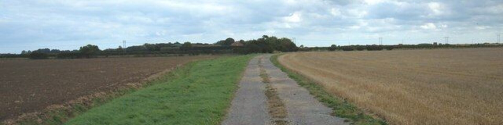 Uma estrada rural ladeada por campos sob um céu nublado.