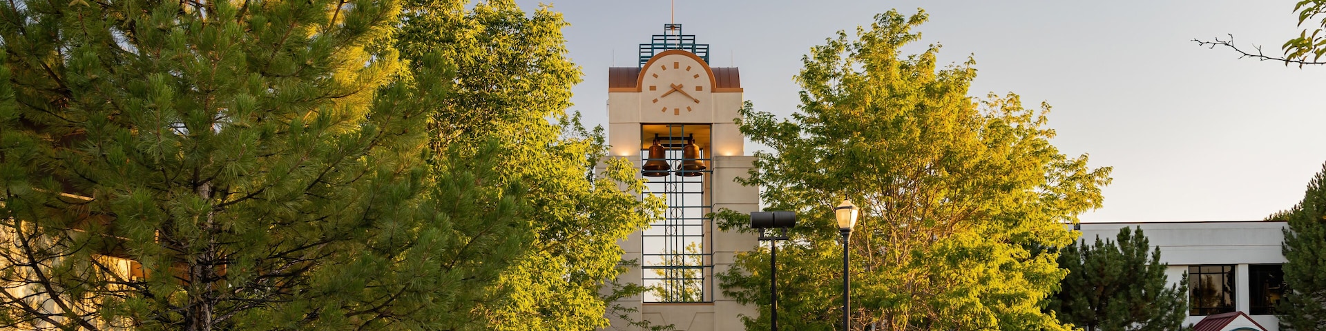 Um relógio de torre com mostrador, rodeado por árvores e um gramado bem cuidado.