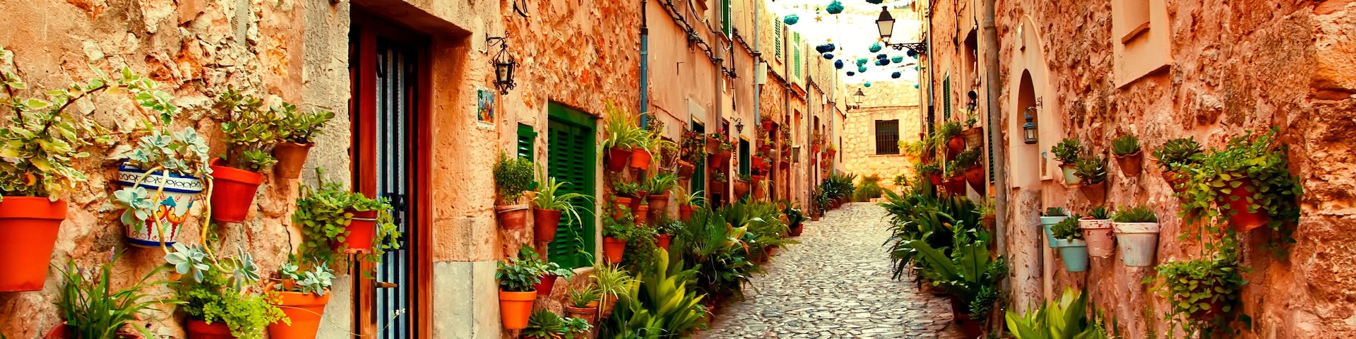 Uma rua de paralelepípedos com plantas em vasos e edifícios com persianas verdes.