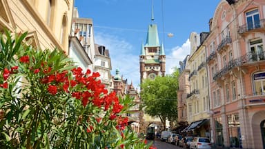 Rua com edifícios históricos, torre de igreja e flores vermelhas em primeiro plano.