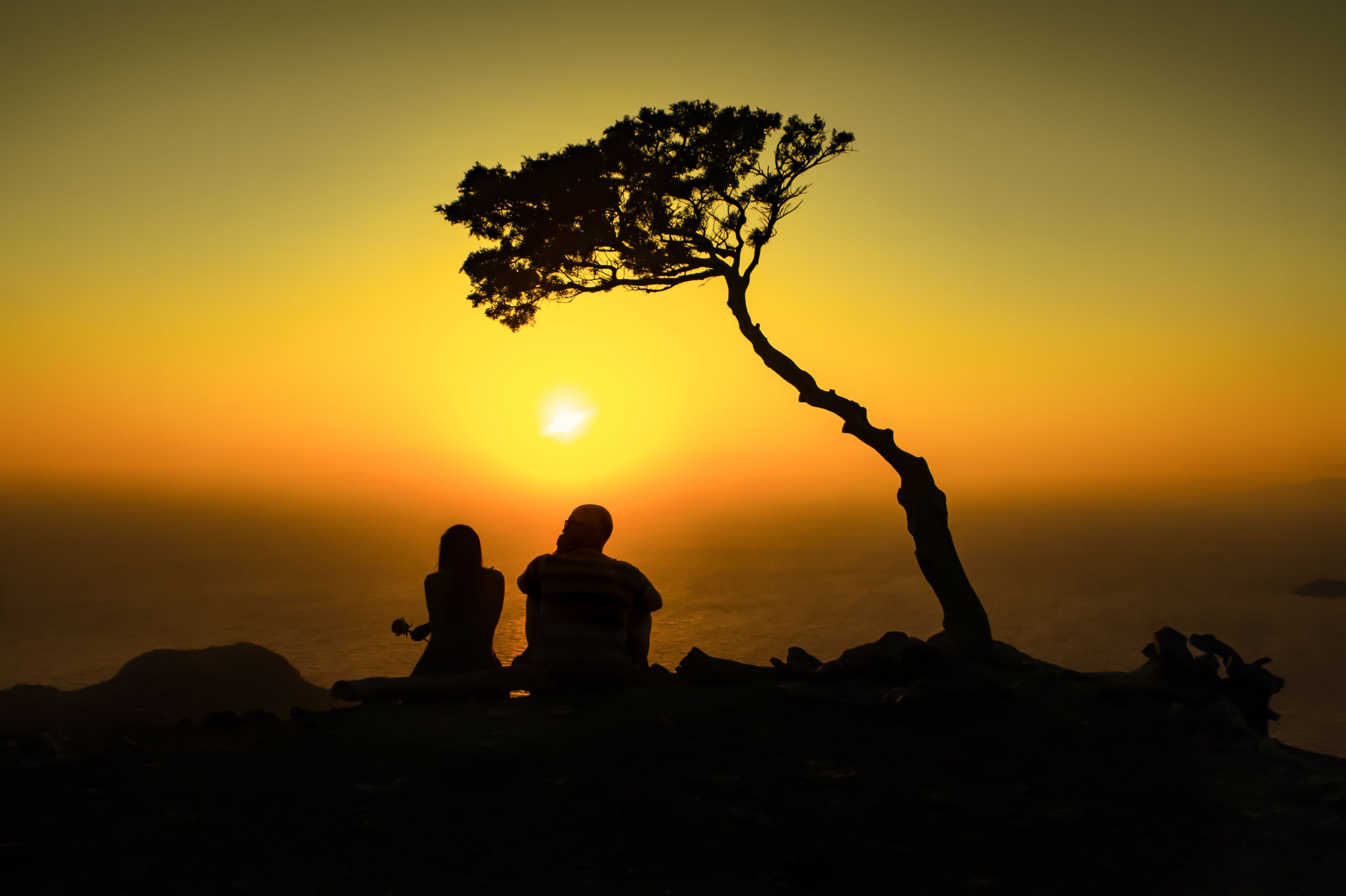 Um pôr do sol com o perfil de uma árvore e duas pessoas sentadas em um afloramento rochoso.