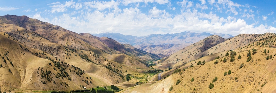 Paisagem montanhosa com um vale, árvores dispersas e montanhas ao longe sob um céu parcialmente nublado.