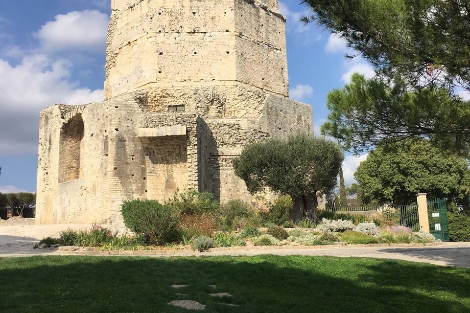Uma torre de pedra histórica com base circular e topo cónico, rodeada por um jardim bem cuidado e um céu limpo.