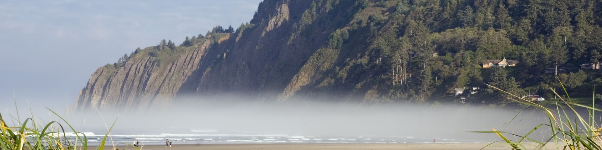 Uma praia com uma montanha ao fundo.