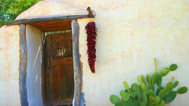 Um edifício rústico com porta de madeira, um pimentão vermelho pendurado e uma planta de cacto.