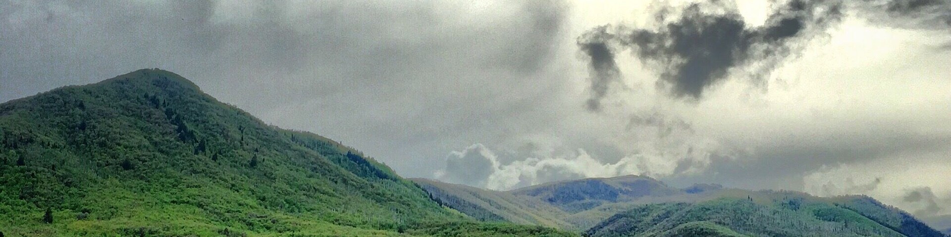 Um campo de golfe verdejante com colinas ondulantes e um céu nublado.