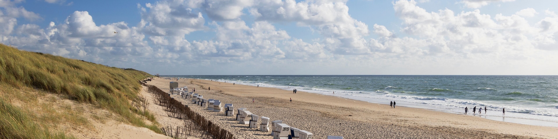 Uma praia com dunas, uma fileira de cabanas e o oceano.