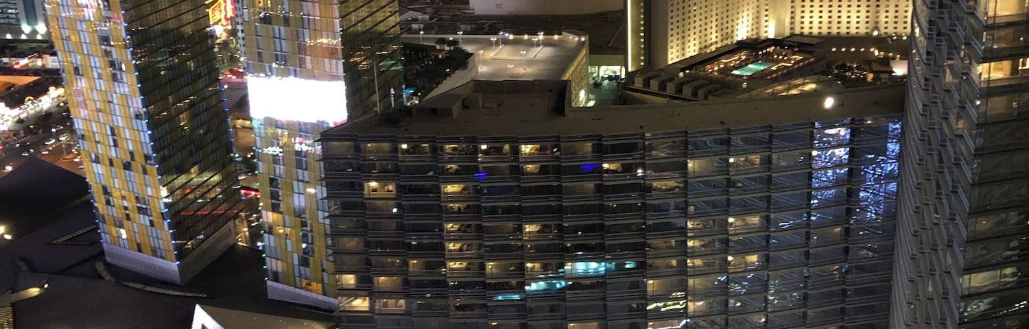 Bright lights lighting up the strip. The other side of the Cosmopolitan overlooks the Bellagio’s iconic fountain!