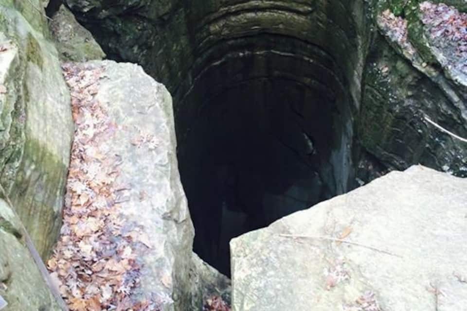Um túnel escavado numa encosta rochosa, com folhas secas espalhadas ao redor.