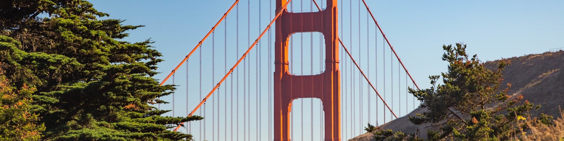 A Ponte Golden Gate, com suas torres e cabos característicos, cercada por árvores e colinas.