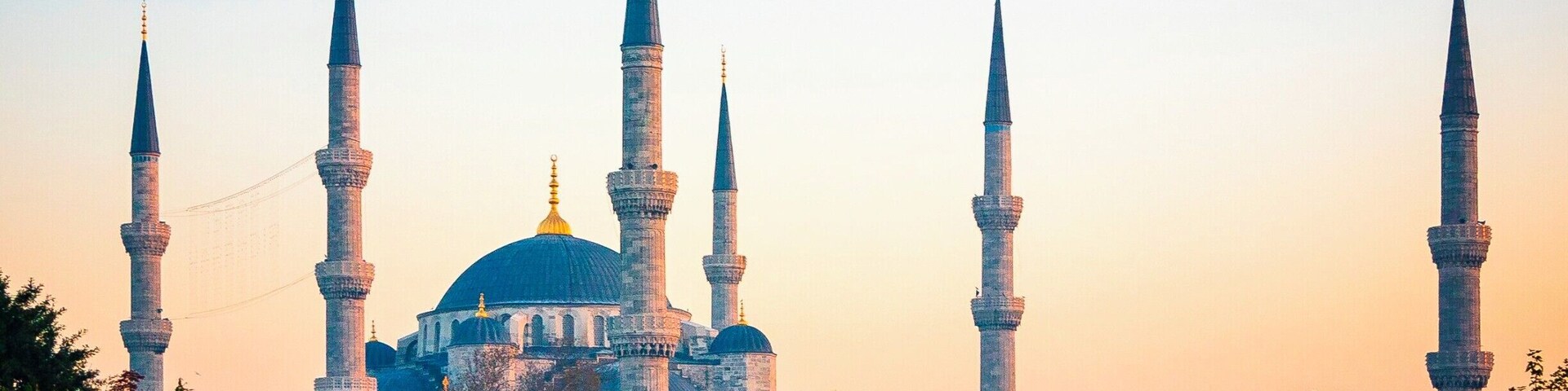 Uma mesquita com vários minaretes e uma cúpula central, cercada por árvores.