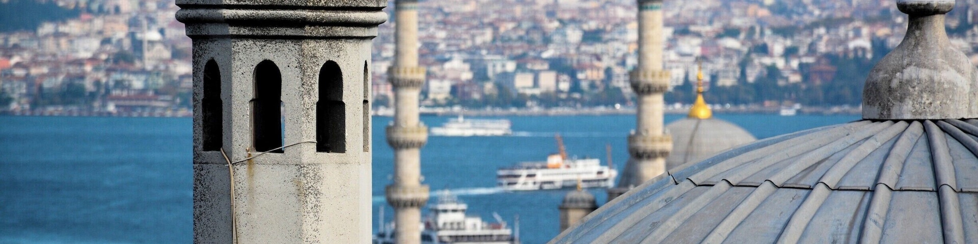 The Bosporus, with its ferry boats, and Asian Istanbul seen from the Sulamaniye Mosque in the European part of the city. Somewhat surprisingly, perhaps, the European part of the city is the more traditional and religious and the Asian side more western-oriented and secular.
