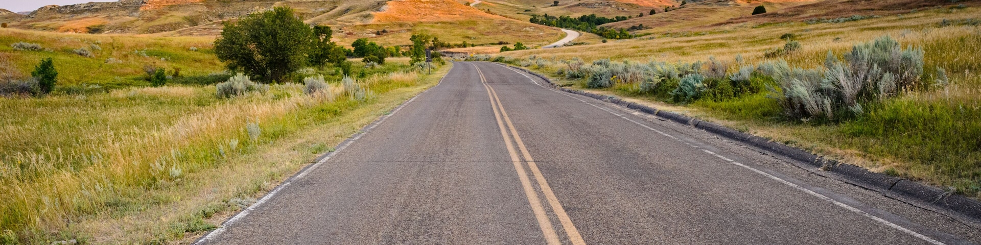 Uma estrada de duas faixas numa paisagem ondulada e gramada, com árvores esparsas e colinas ao longe.
