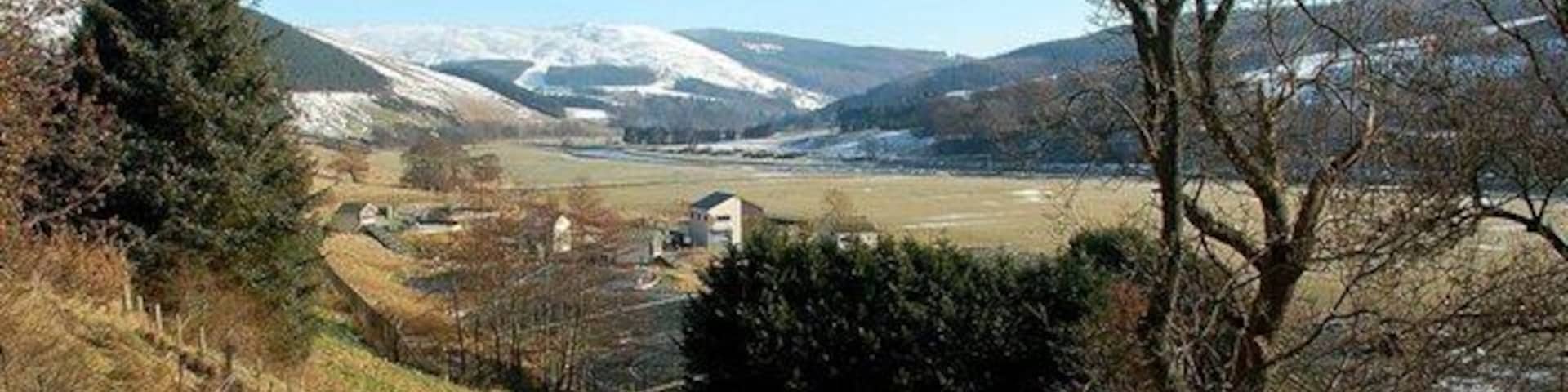 Um vale com uma casa, montanhas cobertas de neve e uma árvore em primeiro plano.