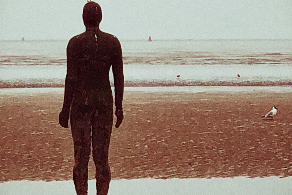 Uma pessoa em pé sobre uma superfície refletora na praia, com gaivotas por perto.