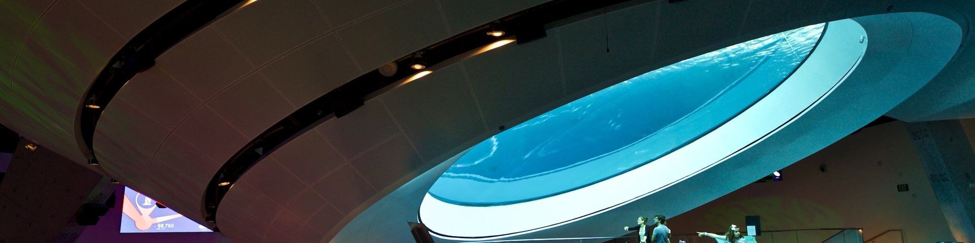 Uma grande estrutura circular iluminada no teto de um espaço público.