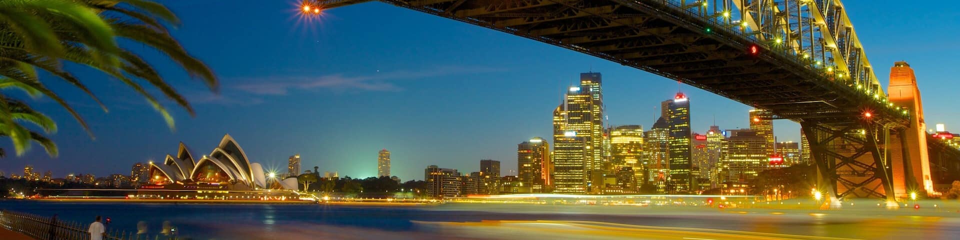 Evening lights illuminate Sydney Harbour Bridge and skyline, showcasing the vibrant life of New South Wales Australia