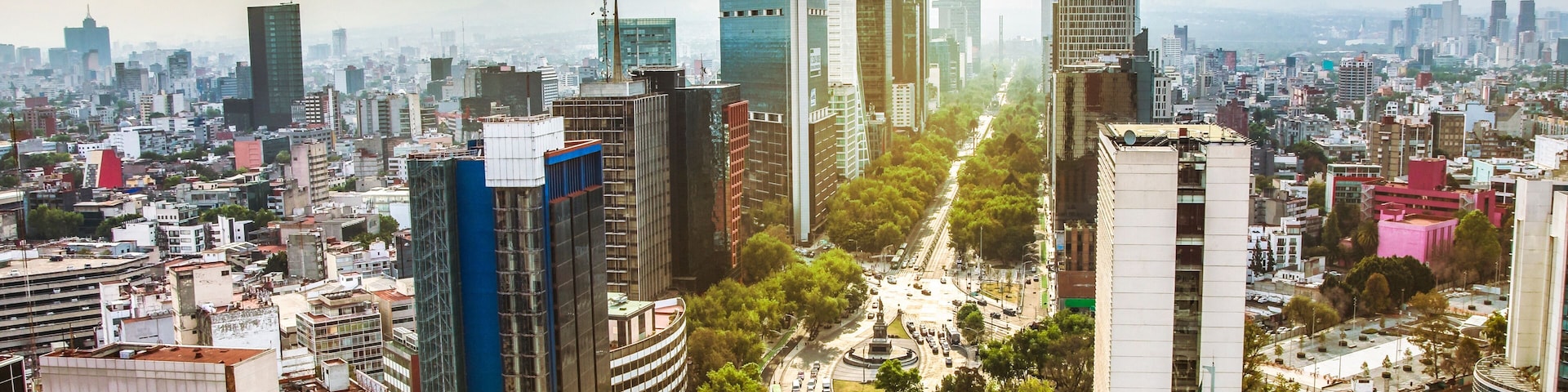 Paisagem urbana com arranha-céus modernos, um círculo de rotatória central e áreas verdes integradas ao desenvolvimento da cidade.
