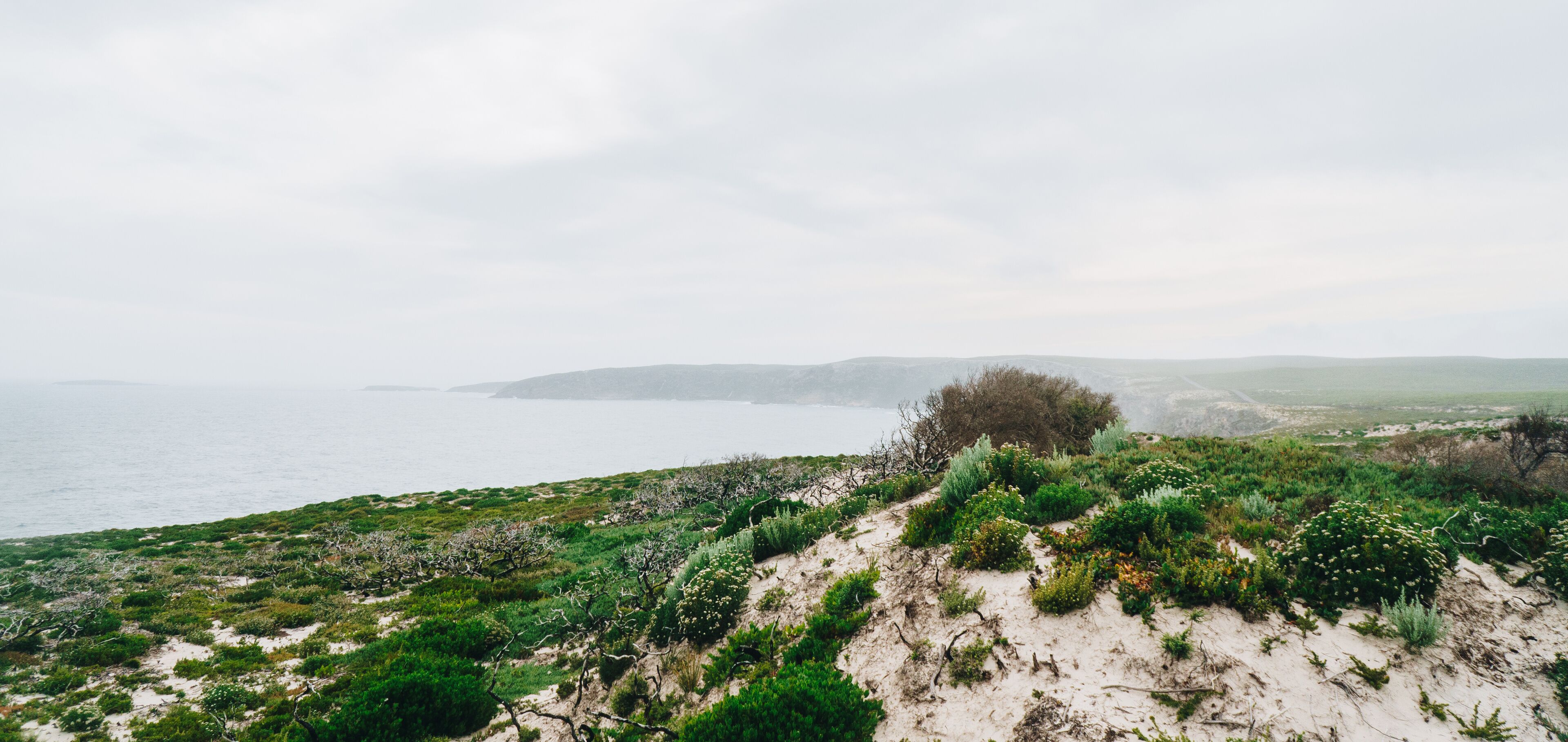 Paisagem costeira com dunas de areia, vegetação rala e uma vista distante do mar e colinas.