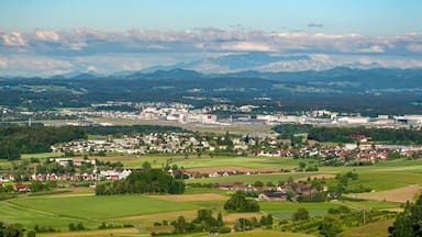 Uma cidade com um rio, montanhas ao fundo e campos verdes.