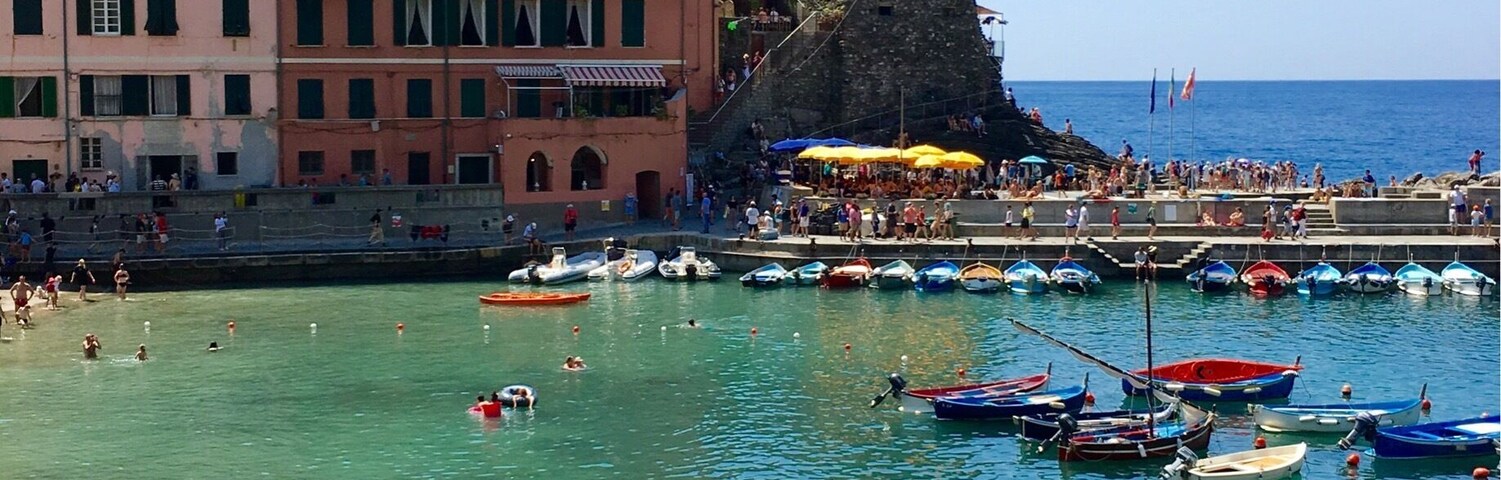 Uma vila costeira com edifícios coloridos, uma torre histórica e uma marina com barcos.