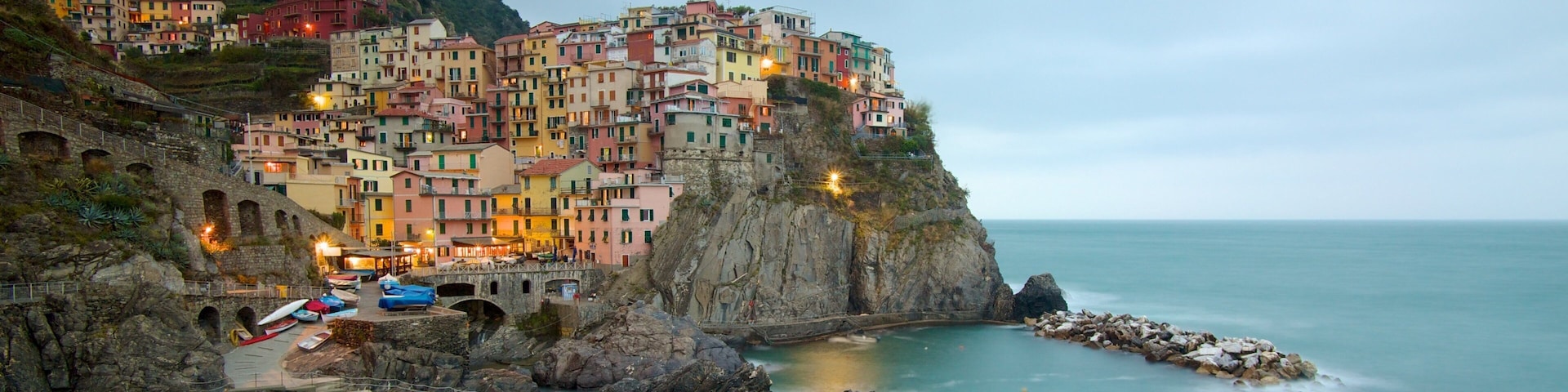 Manarola showing rugged coastline, night scenes and a coastal town