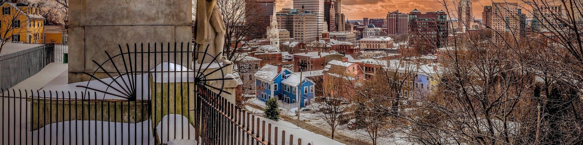 A statue of theologian Roger Williams was built in the late 1930s.. The 15-foot tall granite statue commemorates Williams' founding of the state of Rhode Island and his promotion for religious freedom. The statue depicts Williams gazing over the city.
This is such a great place to get spectacular views of the city. The park faces west so the sunsets can be fantastic.
#snow