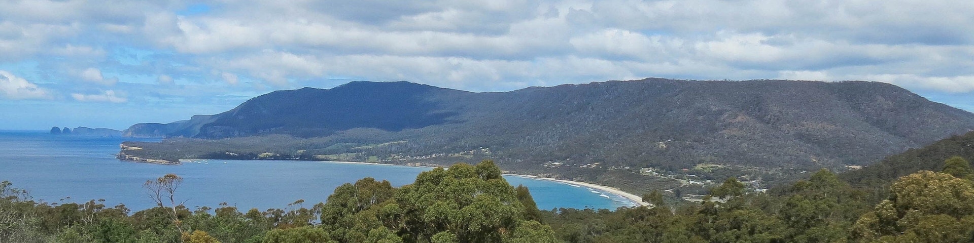 Paisagem costeira com praia, floresta densa e montanhas ao fundo.