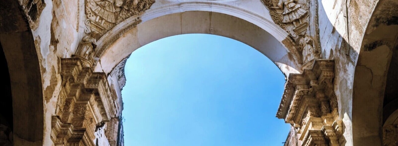 Panoramic inside the ruins of Antigua's Cathedral, one of the many buildings that collapsed after the earthquake that destroyed the city in 1773.