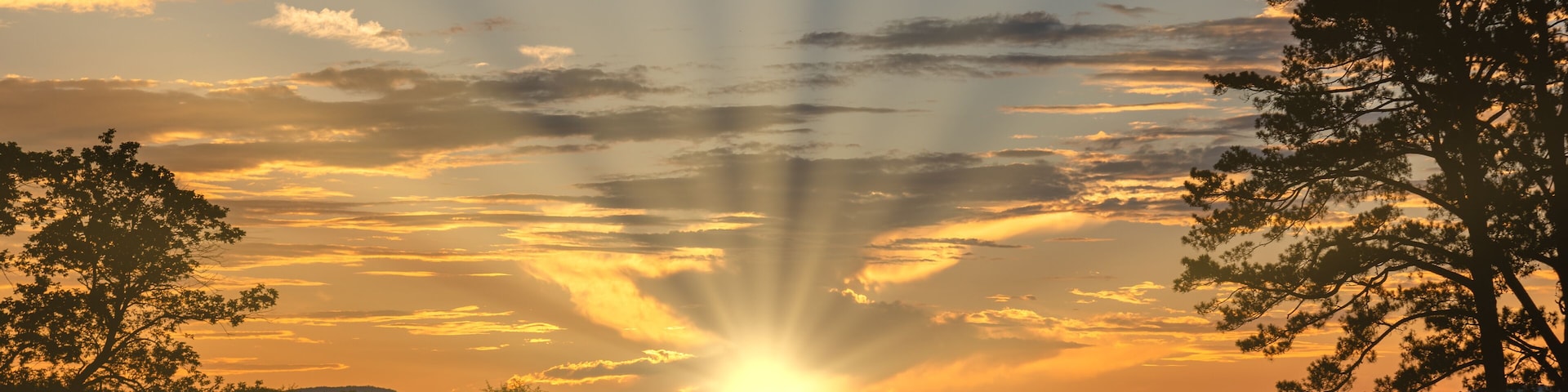Um pôr do sol sobre um campo gramado, com árvores e uma cerca.