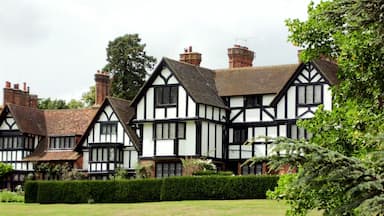 Fileira de casas em estilo Tudor com estrutura de madeira em branco e preto, inserida em paisagem verdejante.