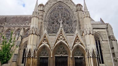 Uma catedral gótica com entalhes complexos em pedra e arcos ogivais.