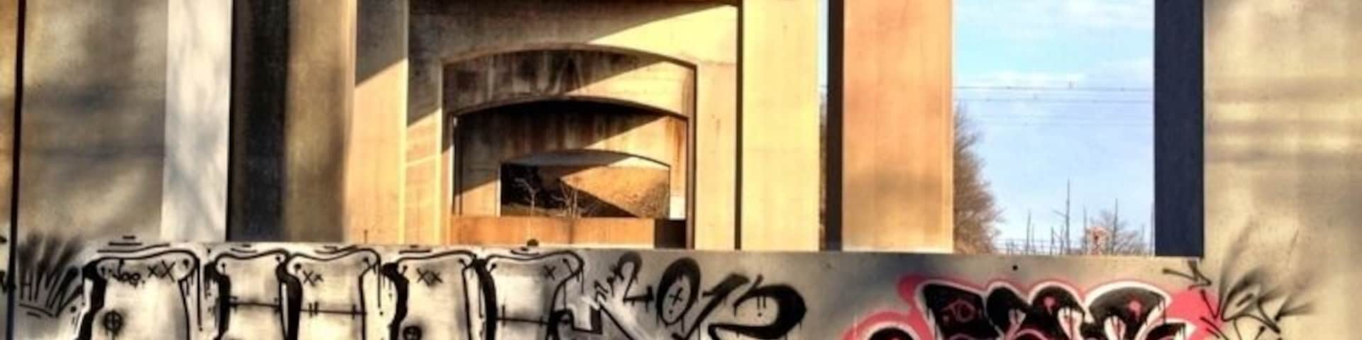 The underside of the tracks. The R7 barrels by beneath while freight trains truck above.