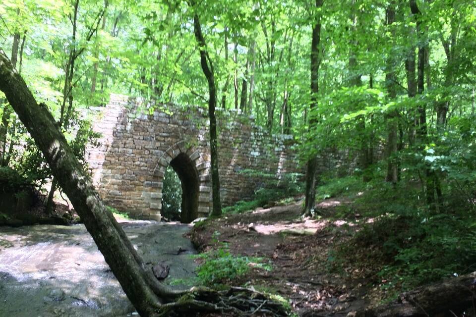 Uma floresta com uma ponte de pedra sobre um riacho.