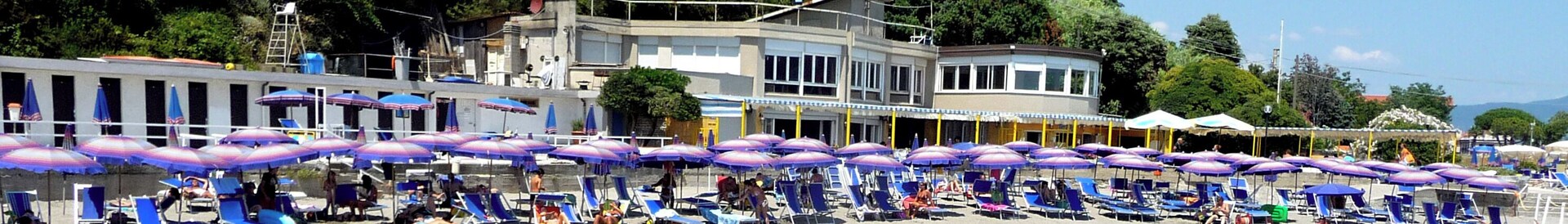 Uma praia com vários guarda-sóis e espreguiçadeiras.