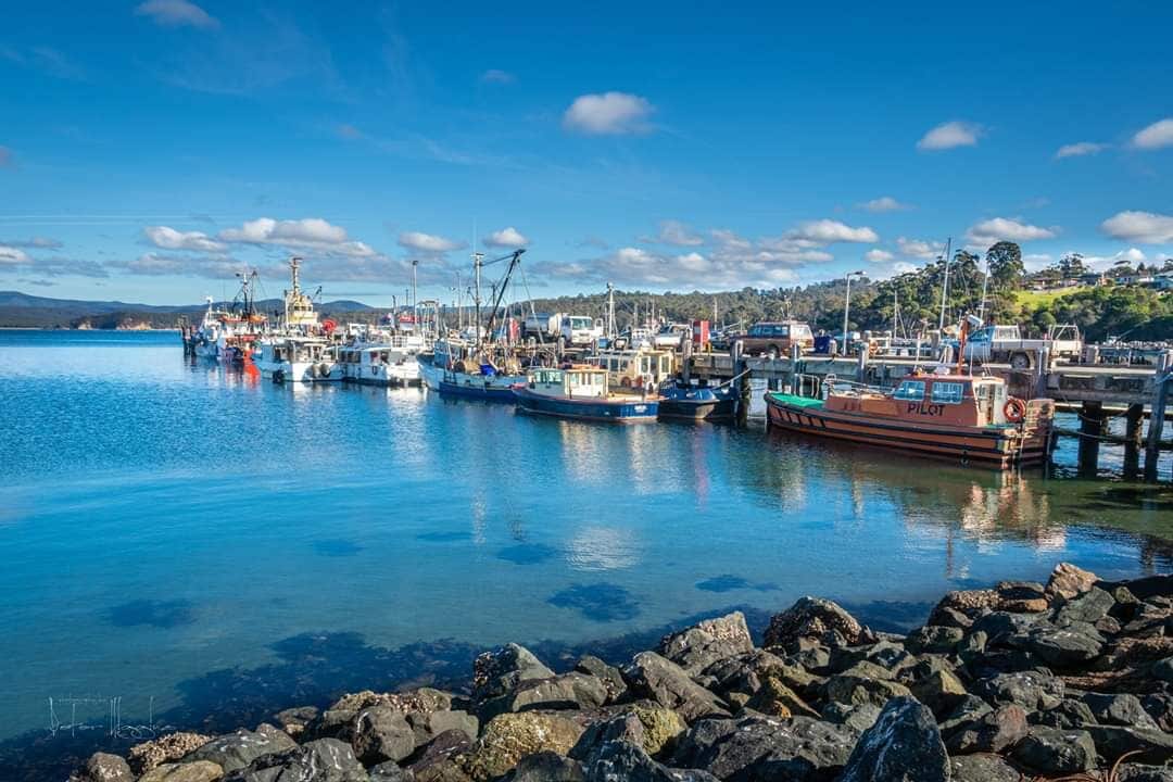 Um porto com vários barcos atracados, uma costa rochosa e um céu azul límpido.