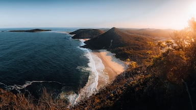 Paisagem costeira com praia, oceano e colinas arborizadas.