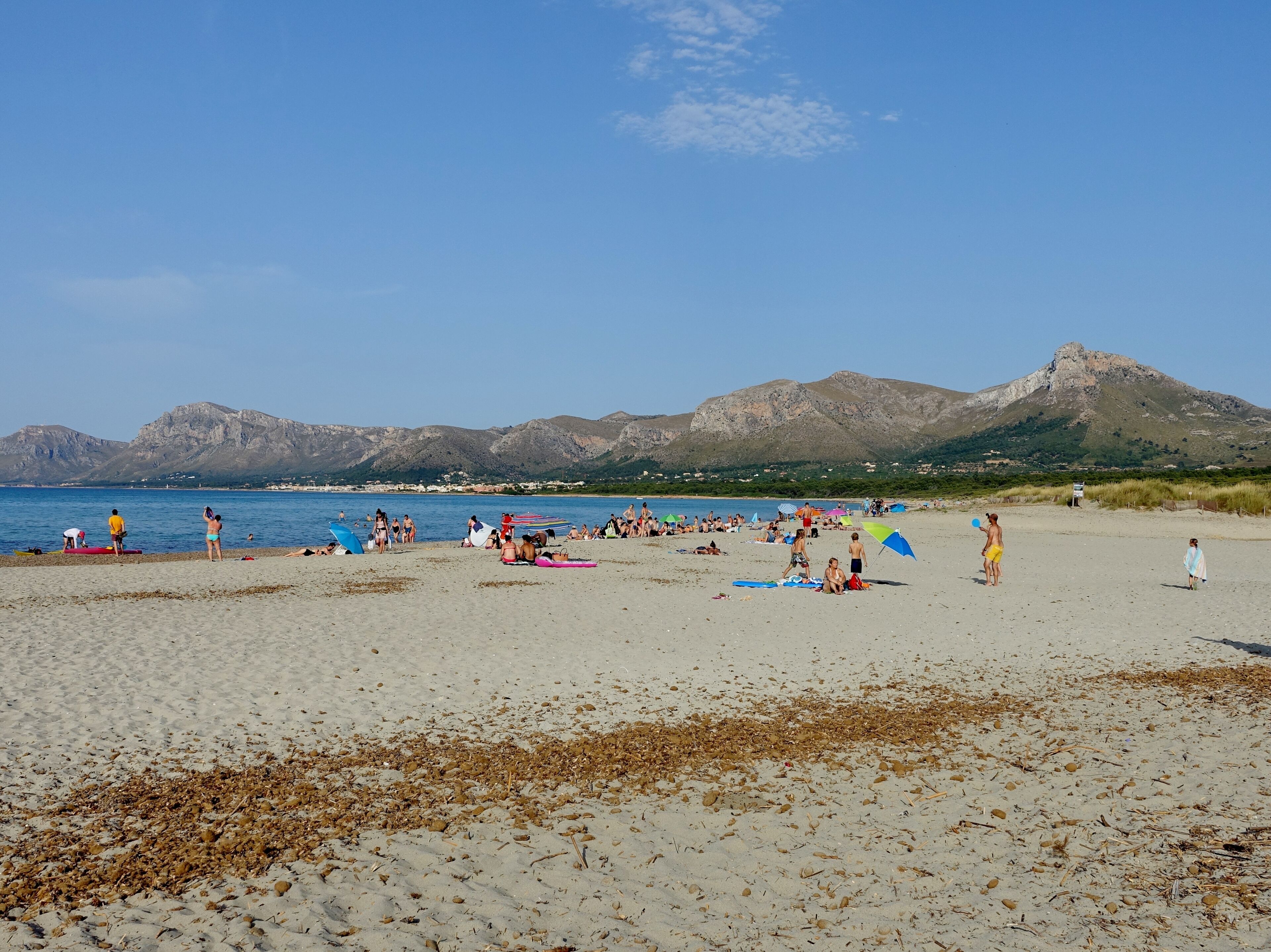 Uma praia com pessoas tomando sol e nadando, uma montanha ao fundo e um céu azul e límpido.