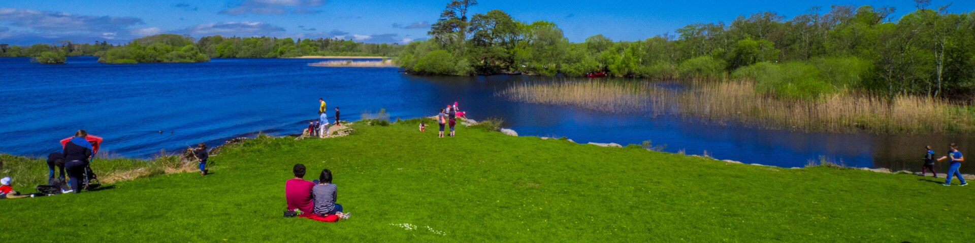 Uma área gramada à beira do lago, com pessoas relaxando e caminhando pela margem.