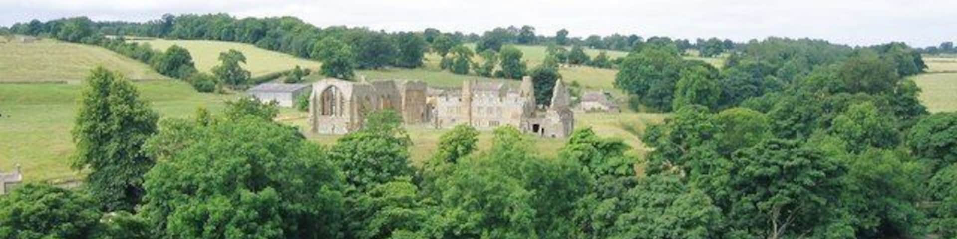 Um edifício de pedra histórico cercado por árvores e campos verdes e exuberantes.