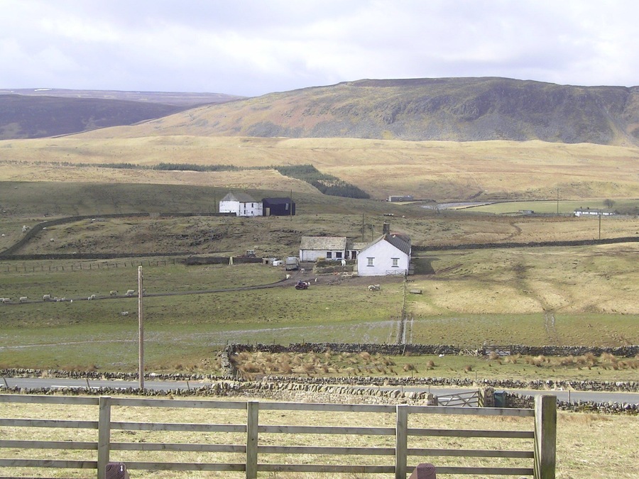Paisagem rural com colinas onduladas, uma casa branca e um muro de pedra.